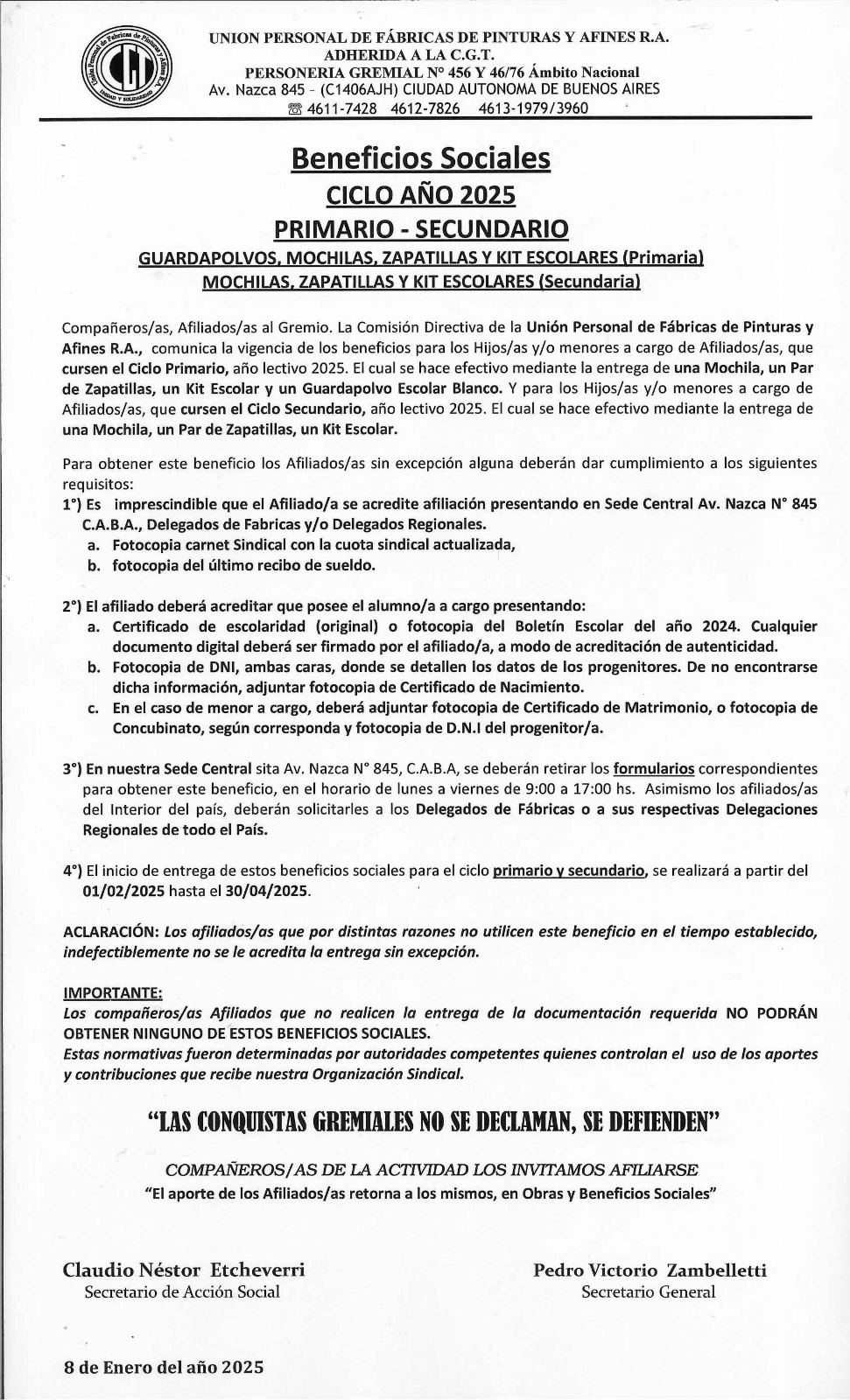 Beneficios Escolares ciclos Primario y Secundario – U.P.F.P.A. RA.